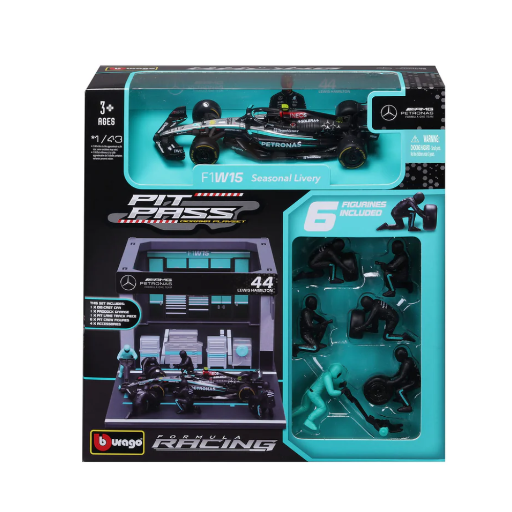 Bburago F1 Mercedes F1 Team AMG W15 2024 Pit Pass Diorama Lewis Hamilt ...