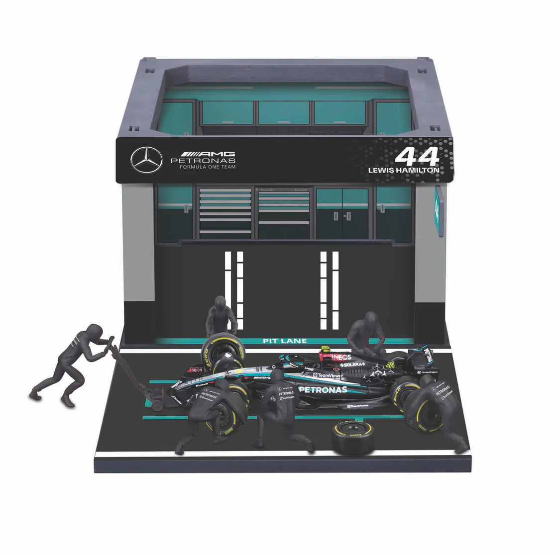 Bburago F1 Mercedes F1 Team AMG W15 2024 Pit Pass Diorama Lewis Hamilt ...